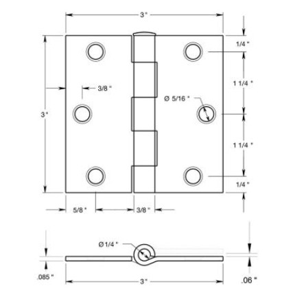 Deltana DTS33-R | 5 Knuckle, 3"x3" Full Mortise Steel Hinge